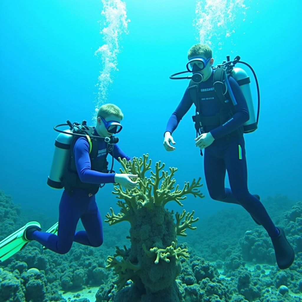 Kids scuba diving putting corals on a coral trees,...