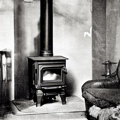wood stove, early 1900s, in living room, greyscale | OpenArt