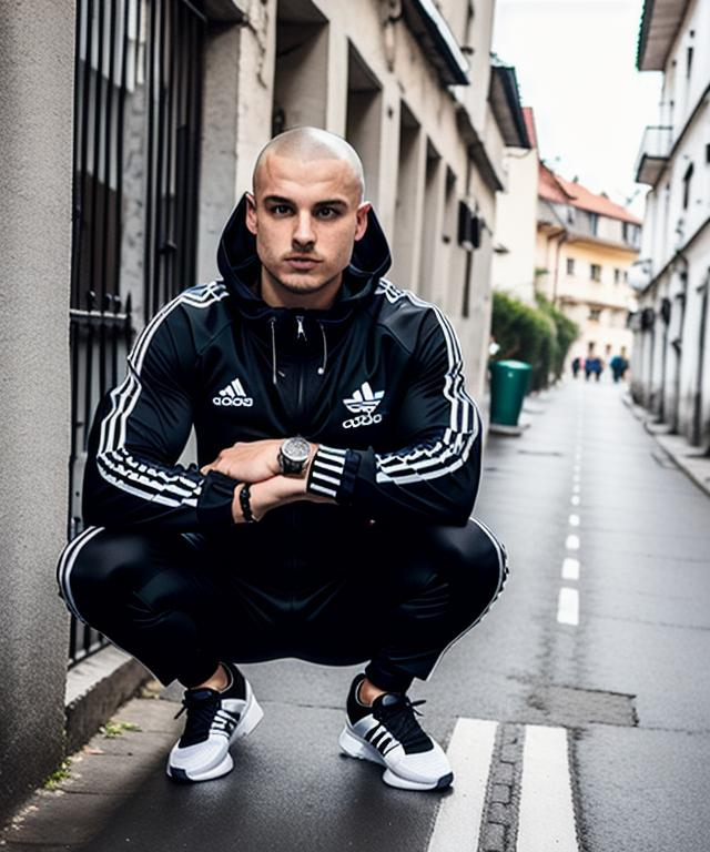 Squatting Slav in black Adidas track suit. Shaved he... | OpenArt