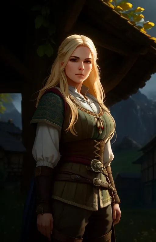a blonde hair villager, witcher 3, beautiful intri...