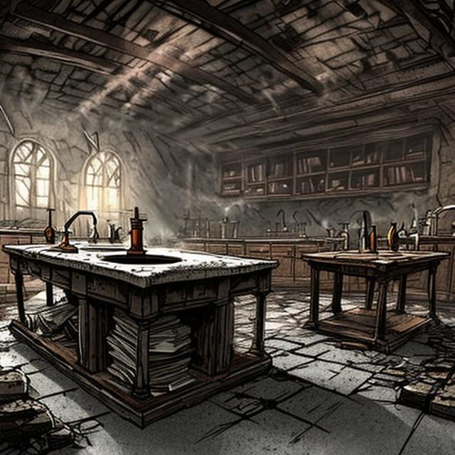 dnd art, destroyed laboratory, smashed wood, cobwebs