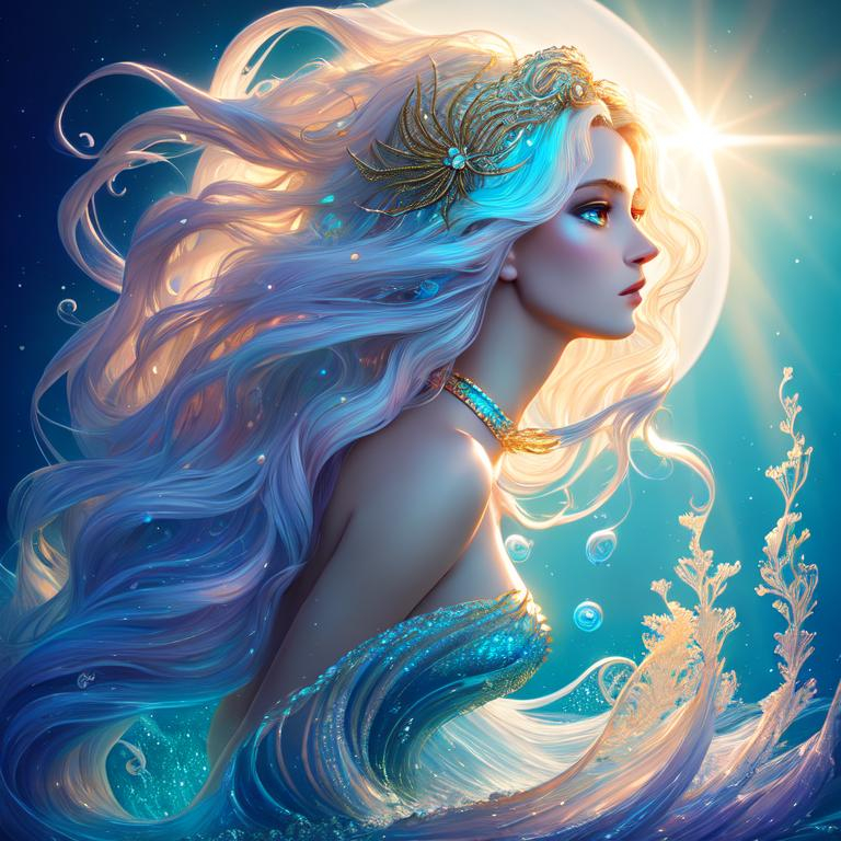 Digital style painting, a woman, siren, alien, swimm...