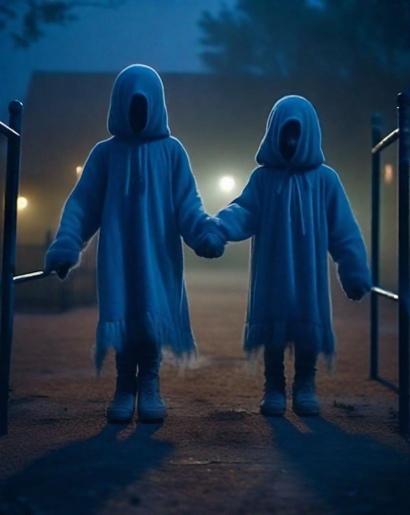 Close up shot of Pale ghostly children holding hands...