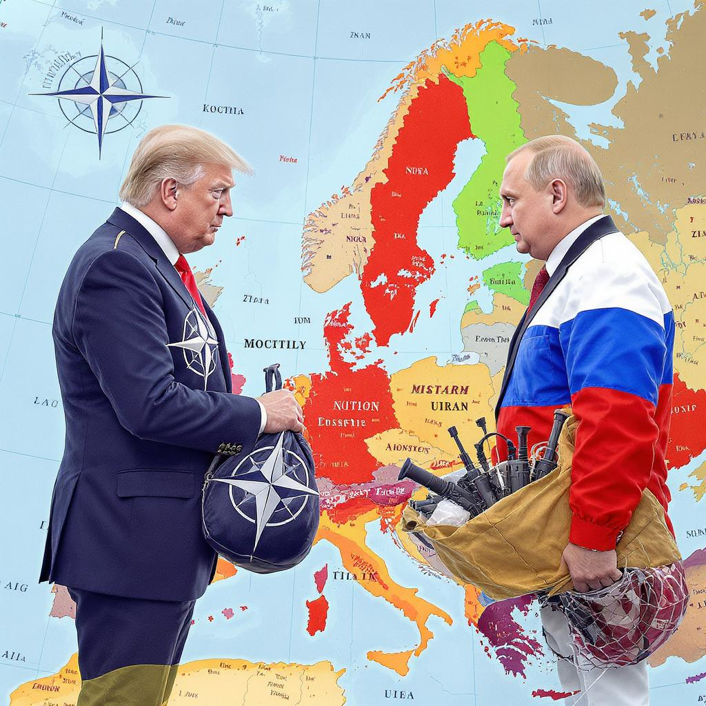 Two men, one dressed in NATO's colors and one in Rus...