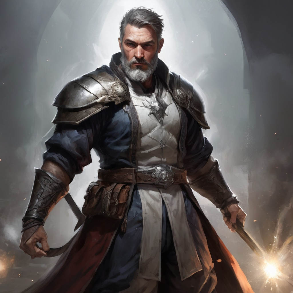 Male stocky large mature fit battle-mage with short-...