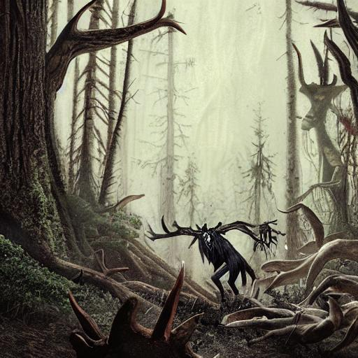 a wendigo hunting down a human in a woodland landsca... | OpenArt