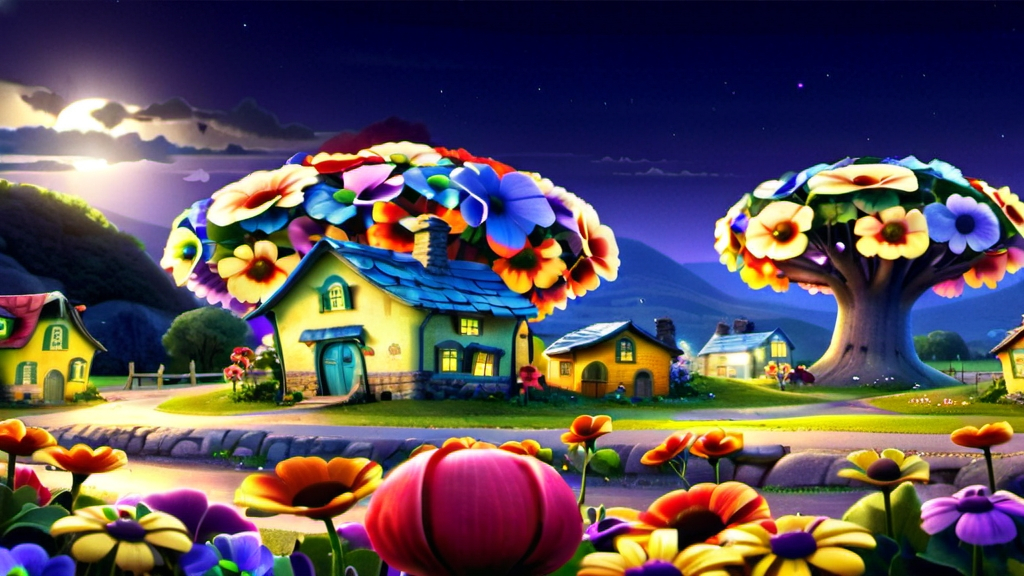Cartoon style, village of fairy in magical world at...