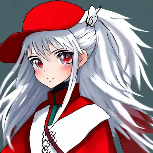 an anime young girl in the redhat and redcoat sits o...