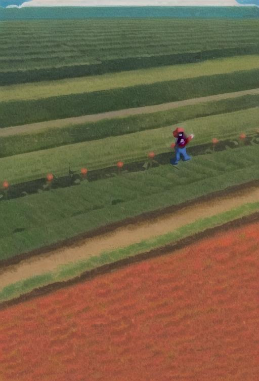 Mario as a farmer, tilling his fields with a hoe | OpenArt