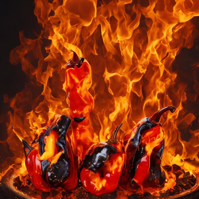 Peppers on fire, flames shooting out, burning hot, h...