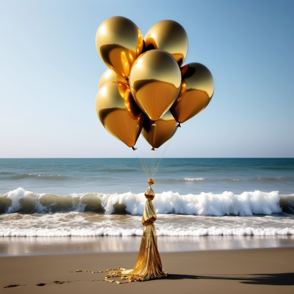 create for me a picture of gold baloon next to the sea