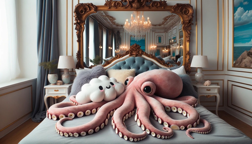 Photo of an anthropomorphic octopus lying on a soft...