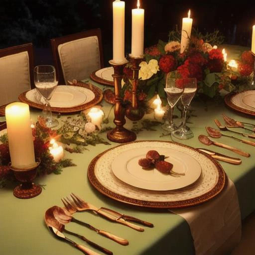 A portrait of a table set for a candlelit dinner at...