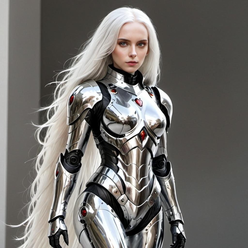 realistic, full body, female android, chrome armor,...