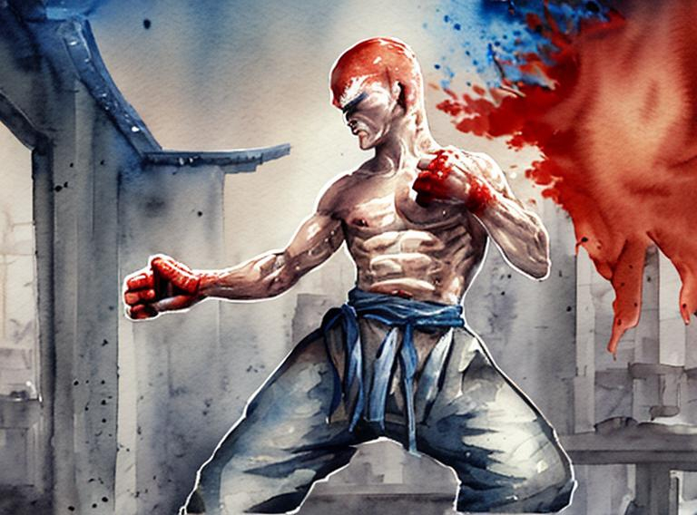 Intense ninja breaking a huge brick structure with h...