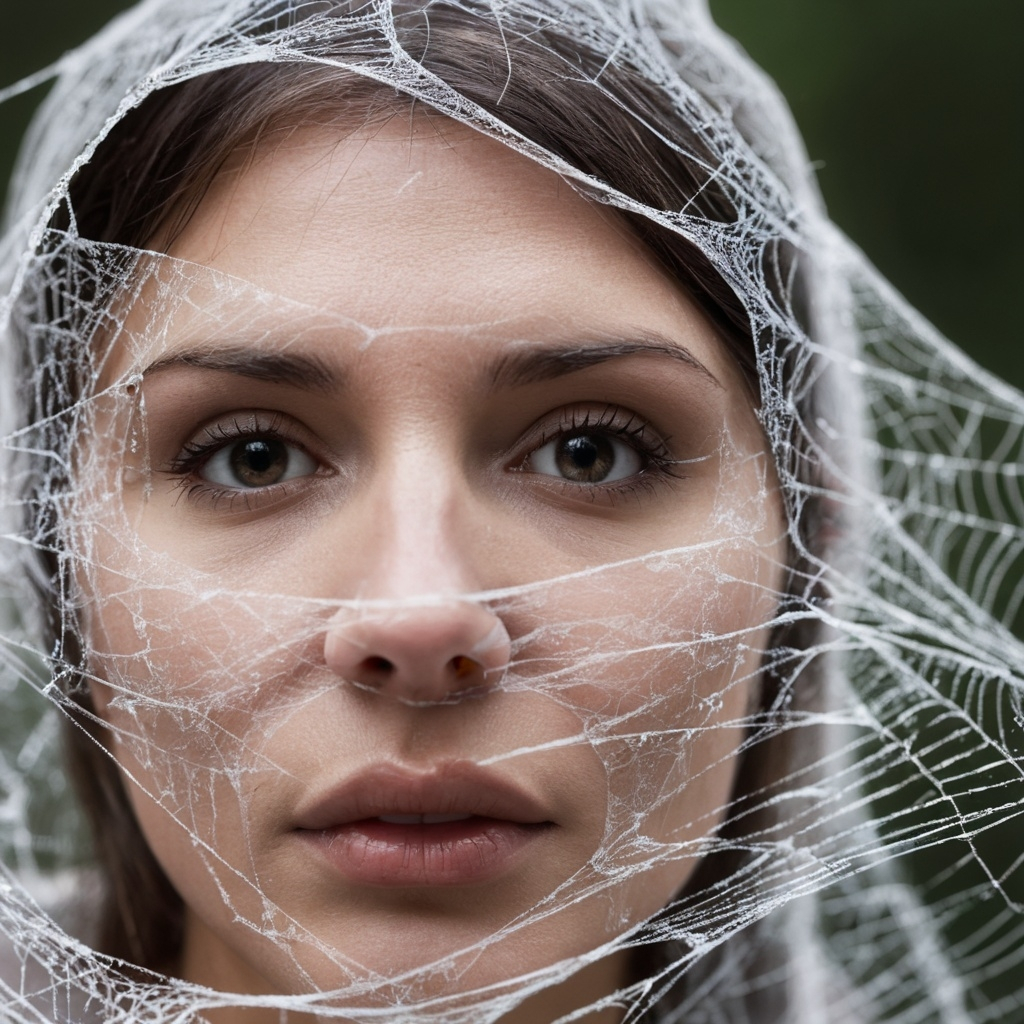 Woman face and nose wrapped in spider web