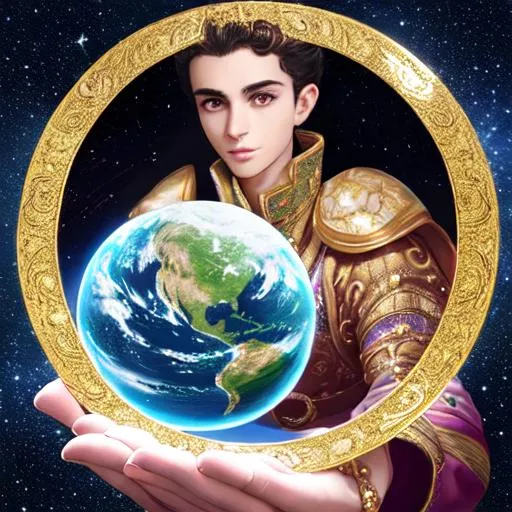 A 25 years old prince is holding the earth in his ha... | OpenArt