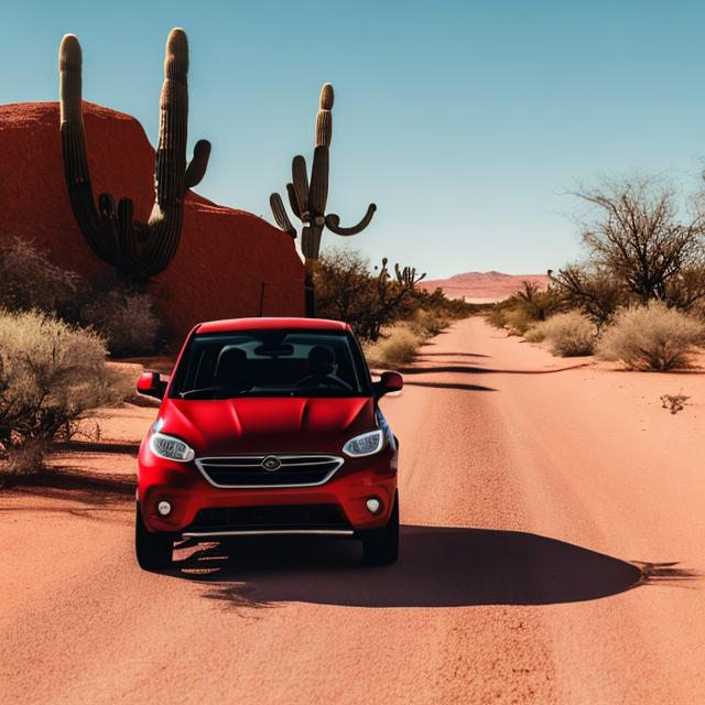 Very small red car, front view, driving on a desert...