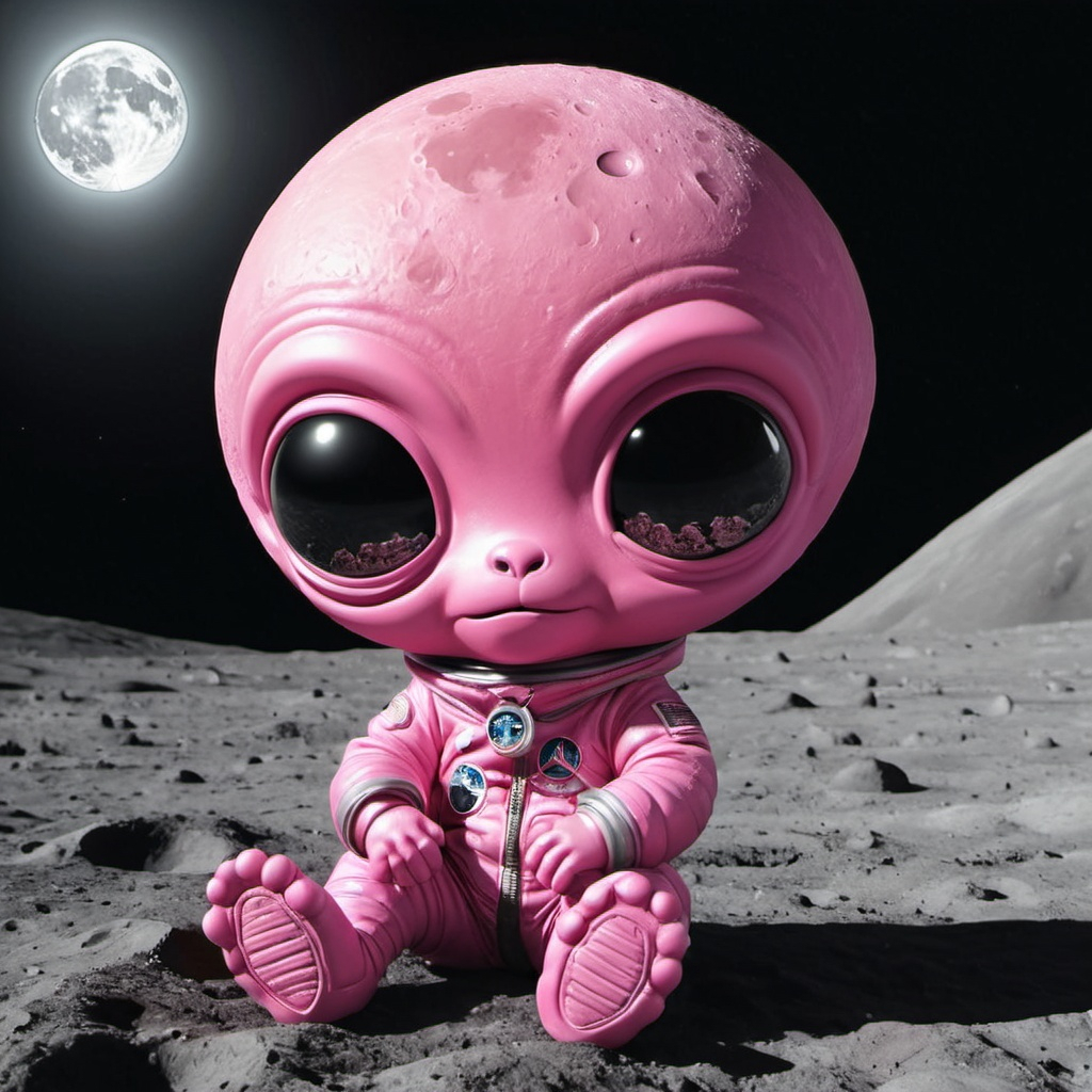 Pink alien sat on the moon very cute | OpenArt