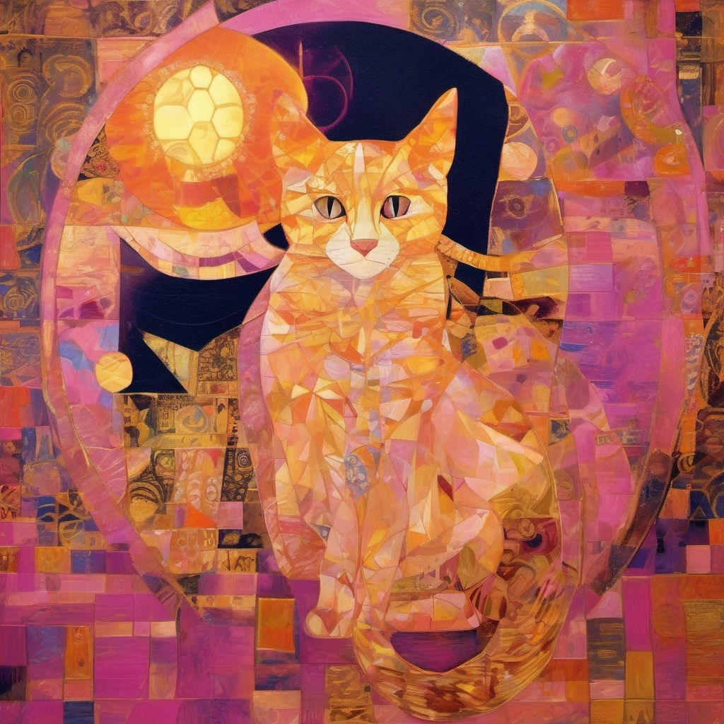 Gustav klimt, cats with geometric patterns, glowing,...