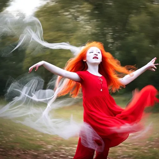 A girl ghost with red hair dancing