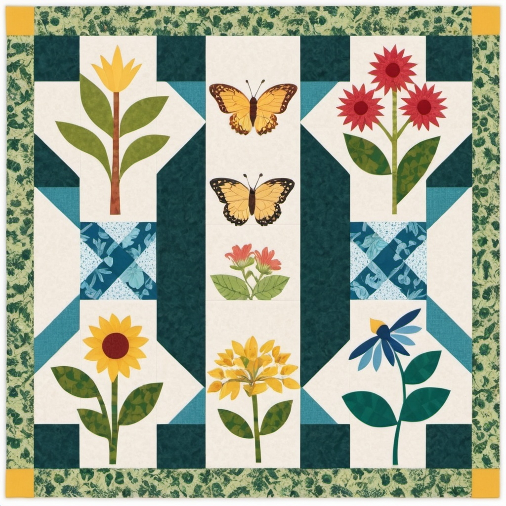 4 traditional quilt blocks surrounded by flora and f...