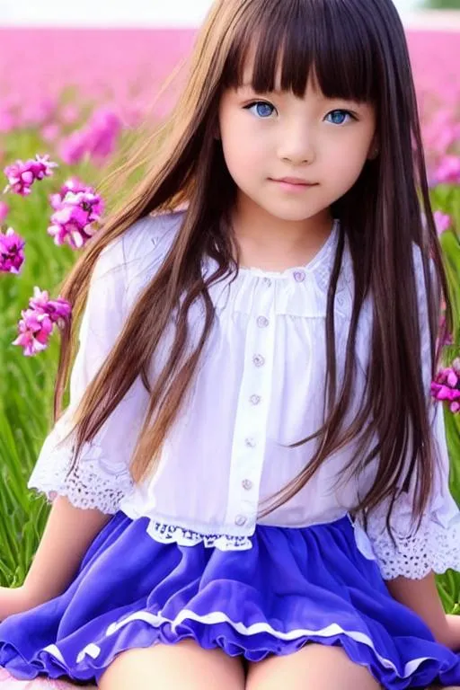 Girl, Child, Long brown hair, white skin, blue eyes... | OpenArt