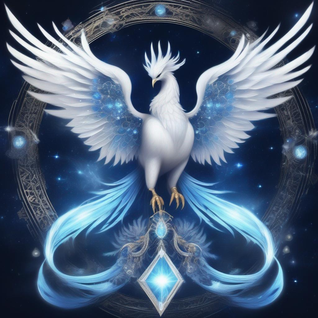 a white and blue colored phoenix that is decorated w...