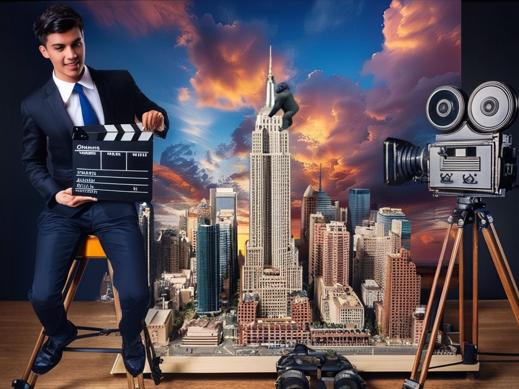 Action shot in an old fashioned film studio, with a...