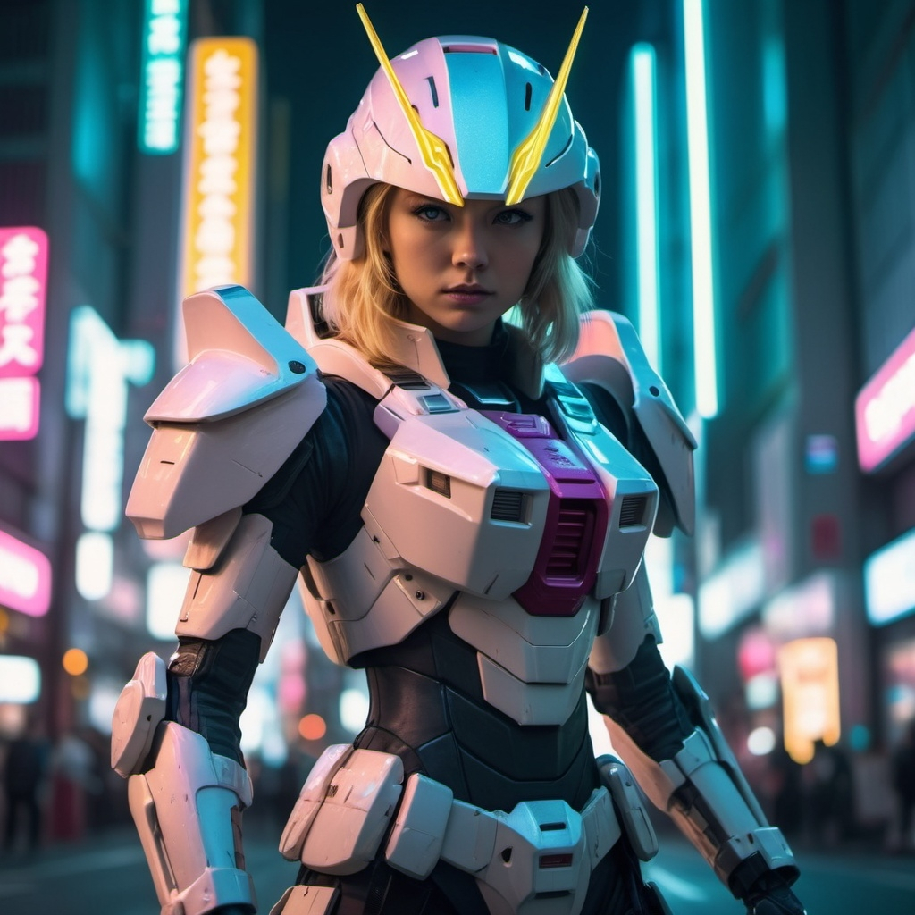 Blonde woman in Gundam helmet and body armor holding...