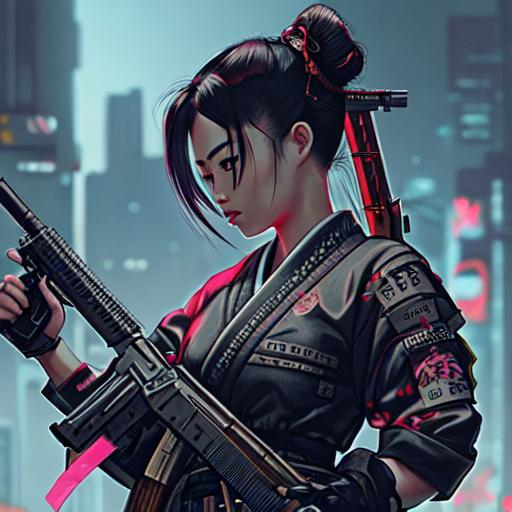 samurai girl with rifle in cyberpunk