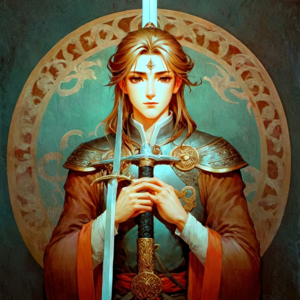 a painting of a man holding a sword and, Emperor Hui...