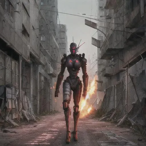 Cyberpunk robot walking through fire and wireframe i... | OpenArt