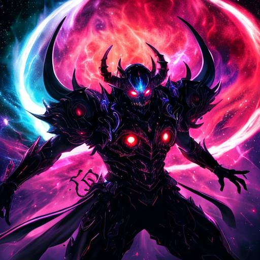 A demon destroying a galaxy with 4 arms,red eyes,gho...