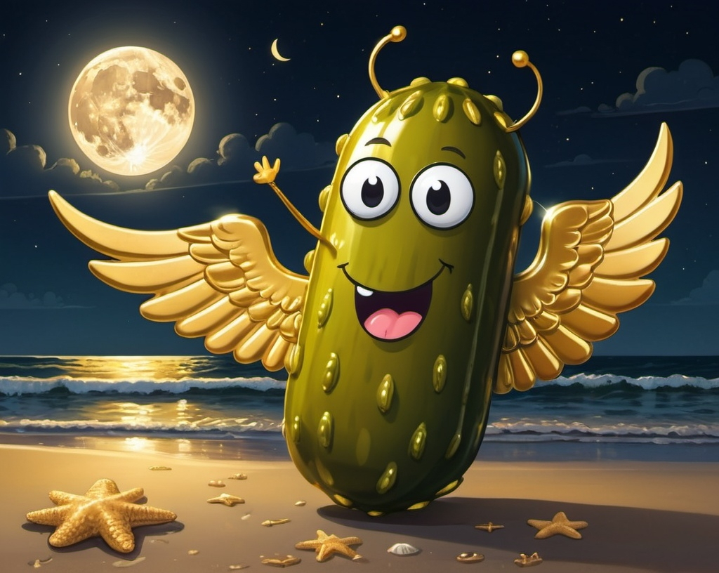Gold cartoon pickle with wings on the beach at night...