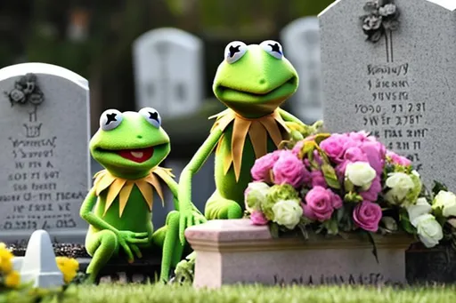 kermit the frog on funeral with flowers and kissing...