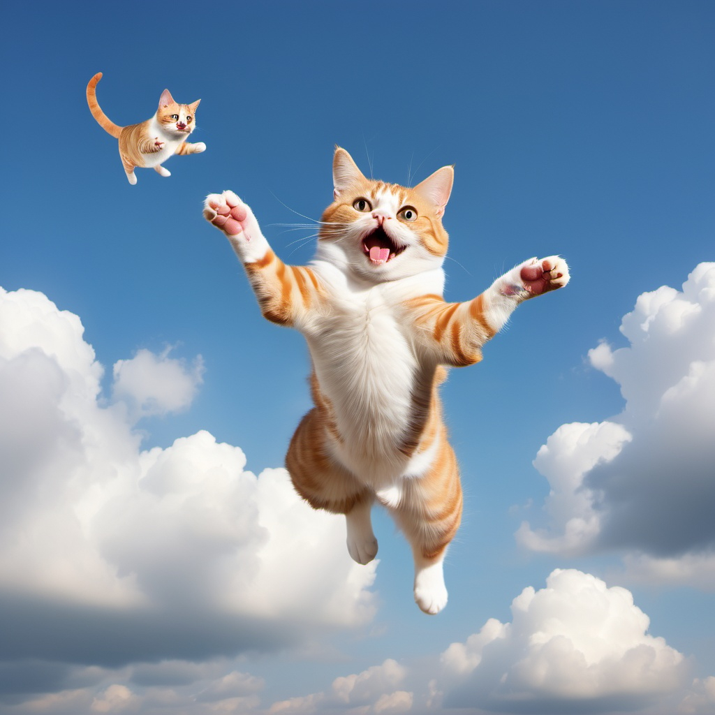 a silly cat flying in the sky