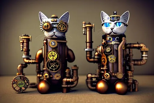 a futuristic robotic cat with steampunk-inspired design