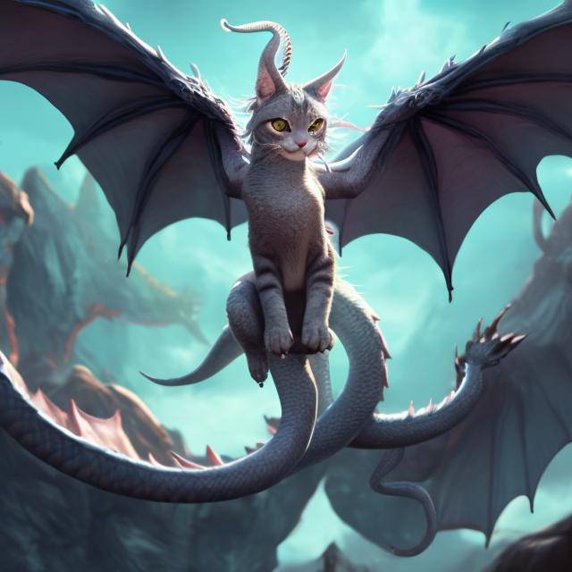 A normal cat with small horns, dragon wings, a drago...