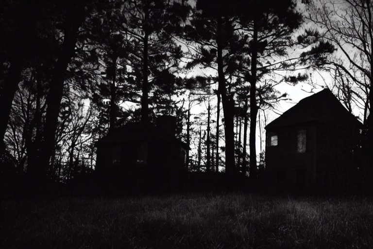creepy pine house at night with an occult mood and a...