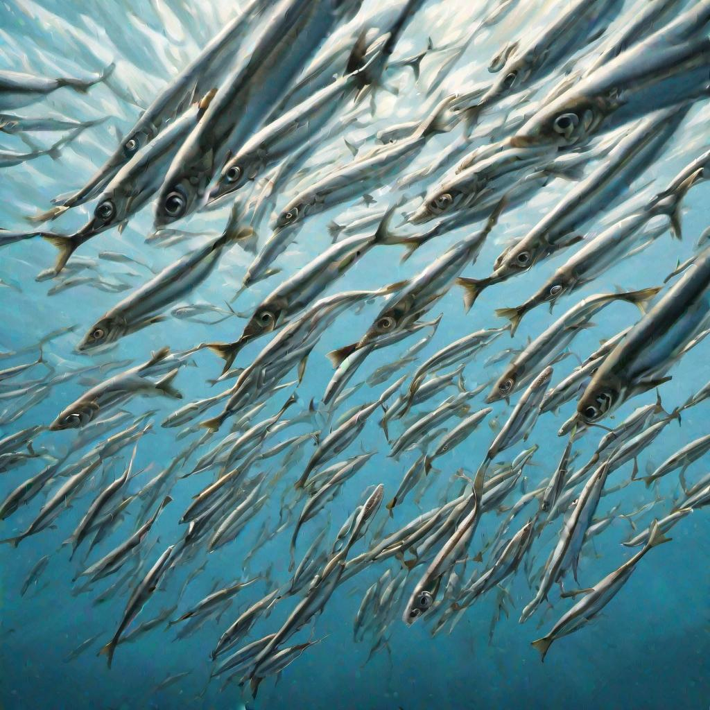 Fine art anchovies swimming in a group seen from bel...