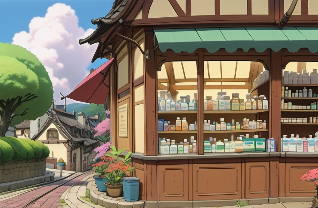 Draw a Community pharmacy building Draw like ghibli...