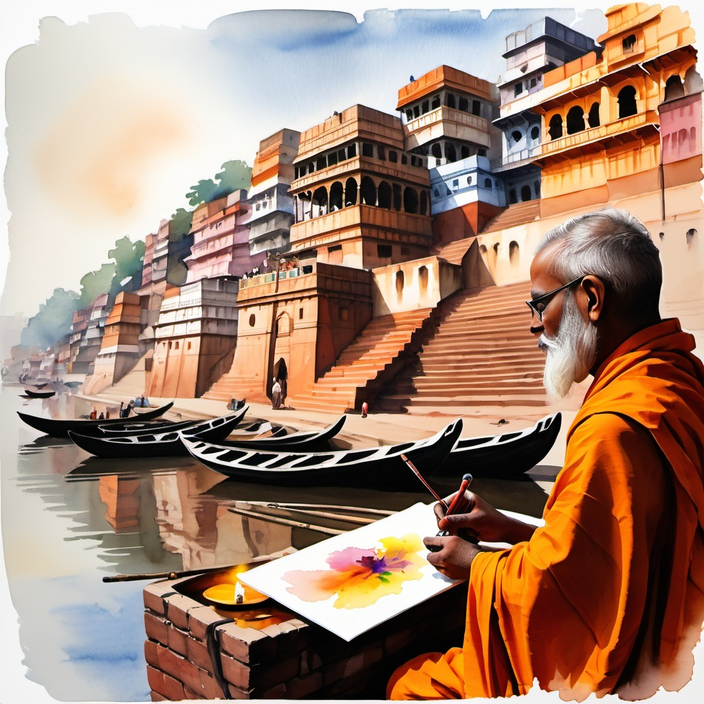 Draw a water color painting of ghats of varanasi whe...