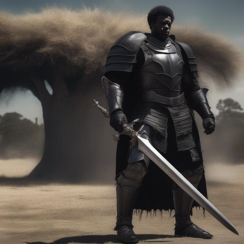 imagine a hulking afro american black knight. ultra...