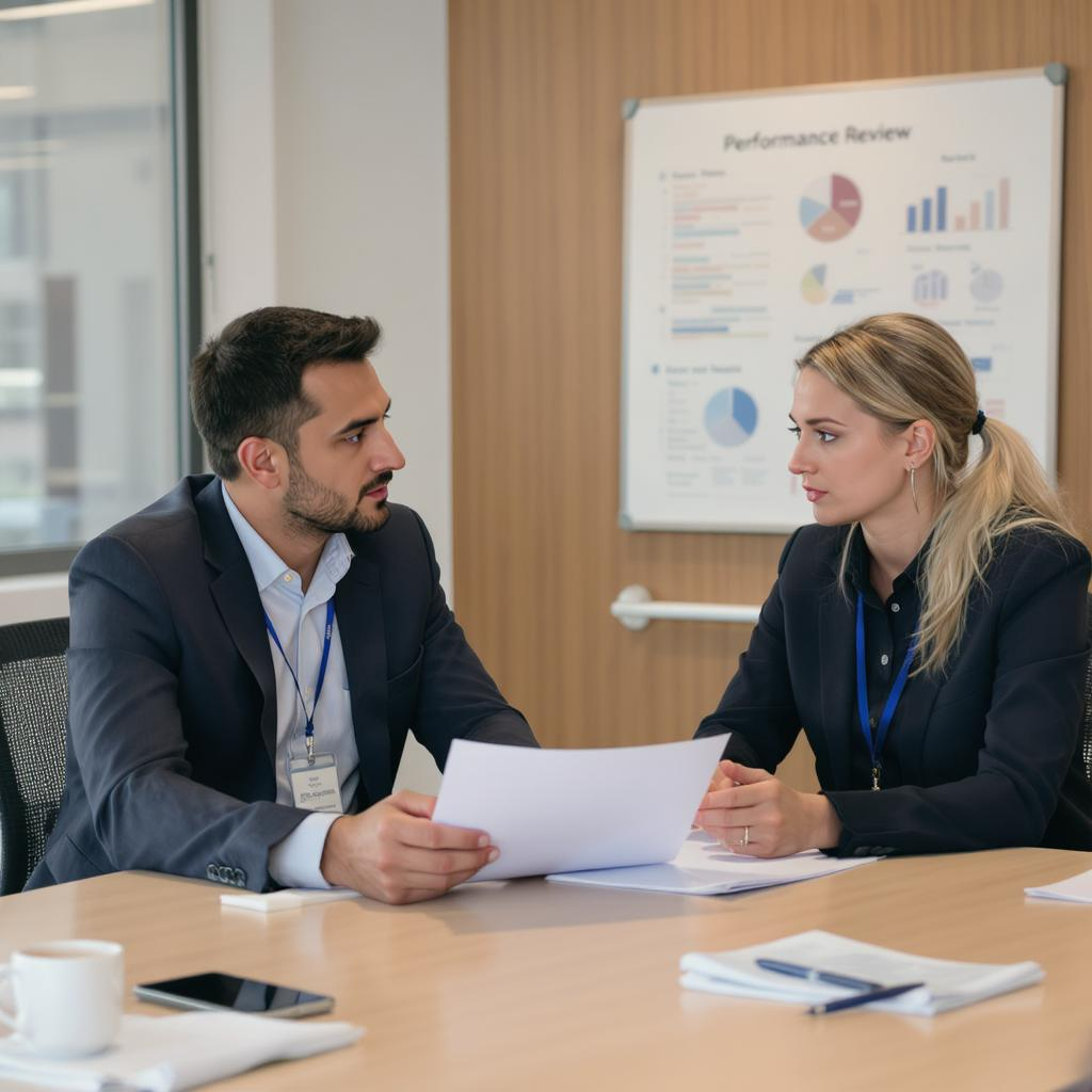 A manager and team member sitting in a meeting room...