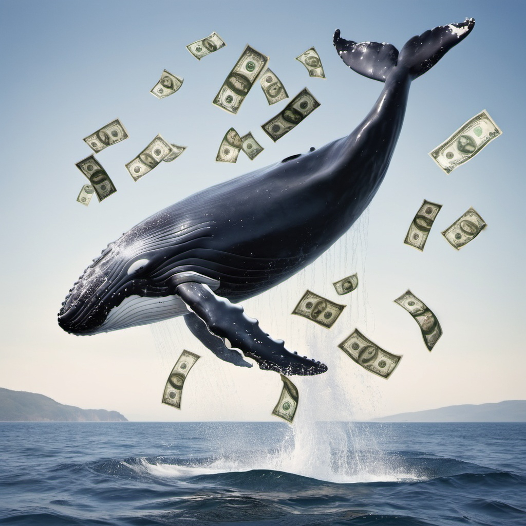 A whale breaching, with money cascading from the sky