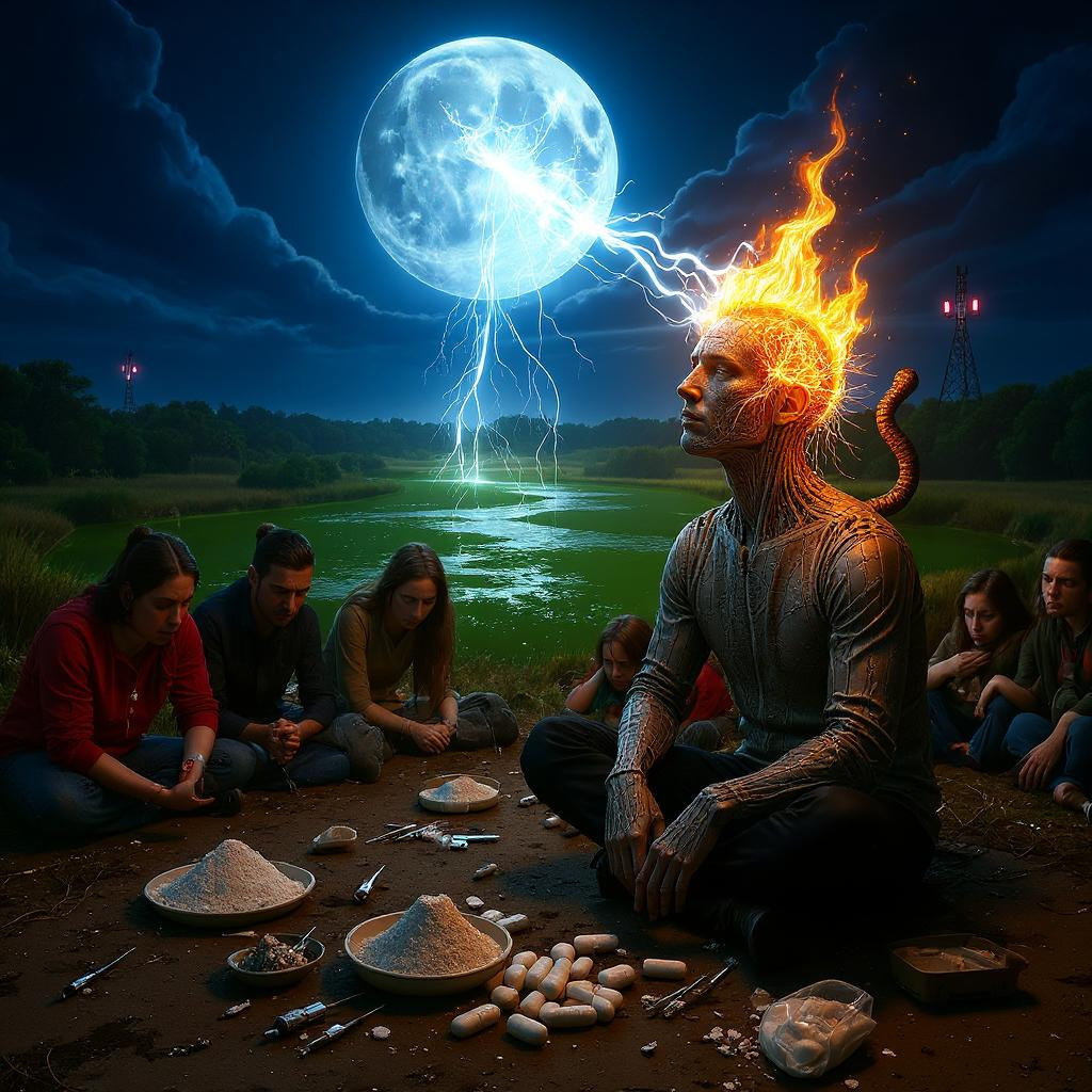 a man sits next to drugs. he has a flaming head and...