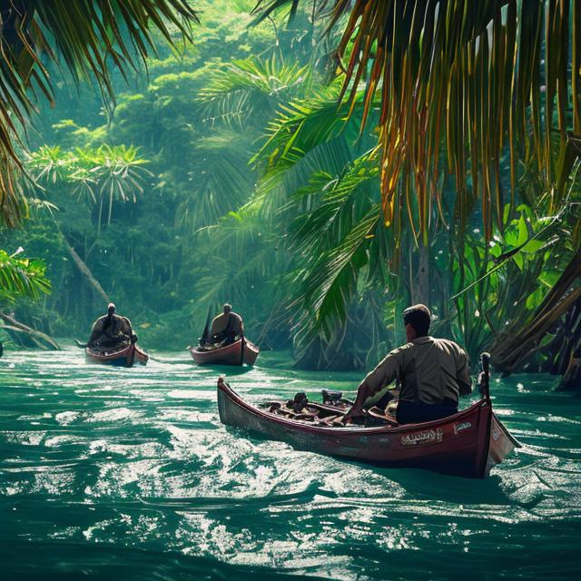 An intense action film scene two long tail boats wi...