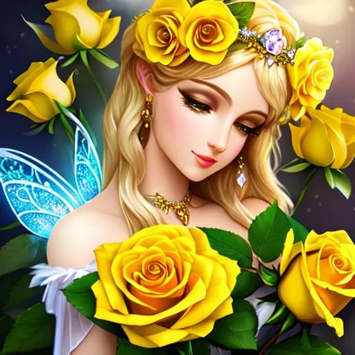 fairy goddess, yellow roses, closeup