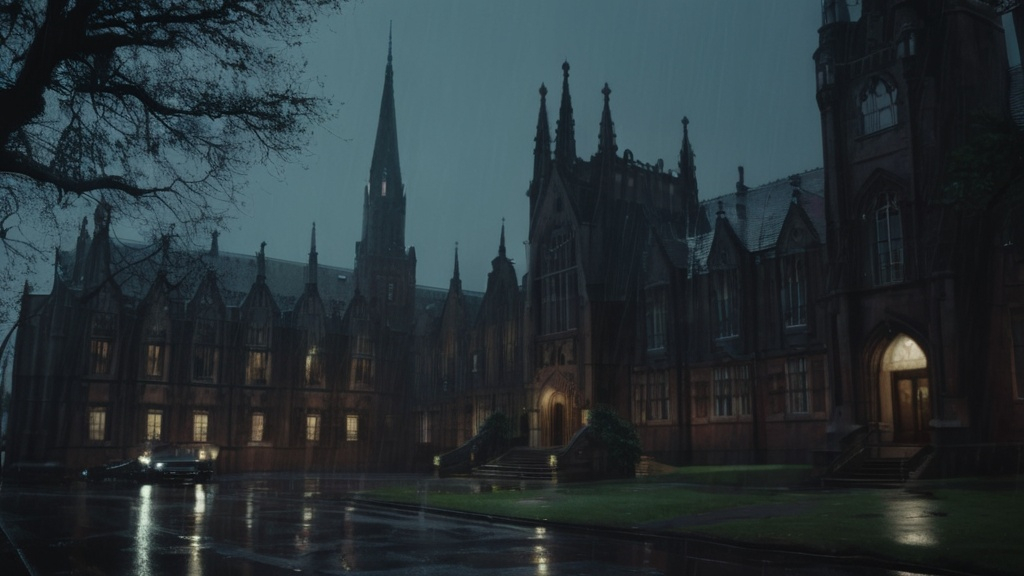 An image of a Gothic college campus during a rainy e...